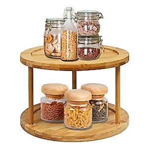 Lazy Susan Turntable Spice Rack - 10 Inch 2-Tier Bamboo Kitchen Countertop Cabinet Rotating Condiments Organizer