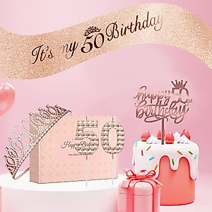 50th Birthday Decorations Women, Fusisi 50th Birthday Sash, Crown/Tiara, 50th Candles and Happy Birthday Cake Toppers - 50th Birthday Gifts for Women, Rose Gold