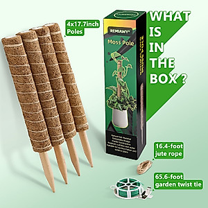 Moss Pole 56 Inch, 4 Pcs Moss Pole Monstera Plant Support, 17.7 Inch Coir Totem Pole Moss Stick for Climbing Plants Indoor Monstera Extension, Train Potted Creepers to Grow Upwards, 65 Feet Twist Tie