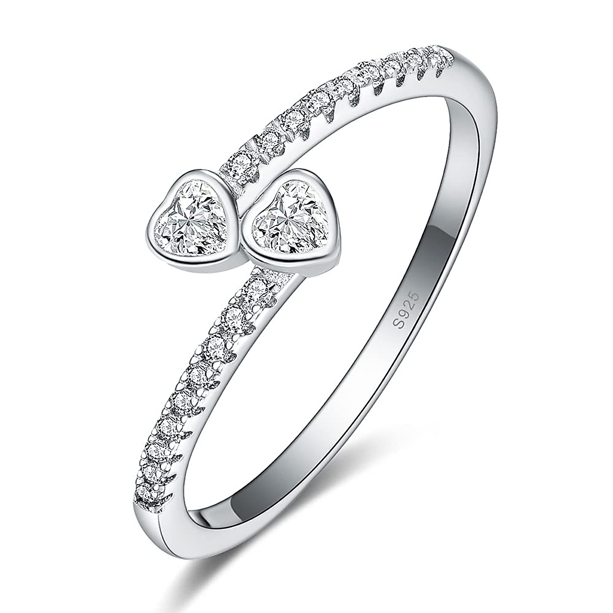 JIARUI 925 Sterling Silver Double Heart Eternity Ring Bezel Setting Round Cubic Zirconia Wedding Ring Promise Ring for Her Size 8