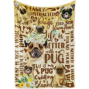 Pug Gifts for Pug Lovers, Pug Flannel Blanket for Pug Lovers, Soft Throw Blanket 50"x 65"