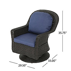 Christopher Knight Home Liam Outdoor Wicker Swivel Club Chairs with Water Resistant Cushions, 2-Pcs Set, Dark Brown / Navy Blue