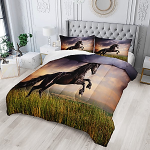 BSNTHO Horse Duvet Set Full Size,Wild Animal 3 Piece Bedding Set,Galloping Black Horse Comforter with Pillow Shames, for All Seasons, Ultra-Soft, Lightweight, Breathable