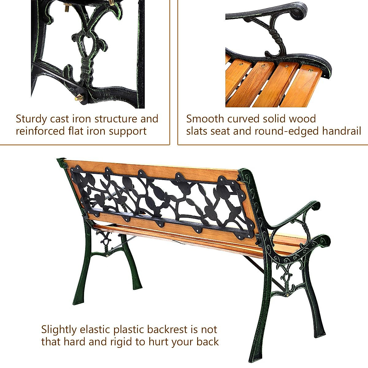 S AFSTAR Outdoor Garden Bench, Outside Porch Loveseat with Rose Cast Backrest & Stable Metal Legs, 2-3 Person Park Bench, Weather Proof Outdoor Bench for Patio Garden Backyard Poolside