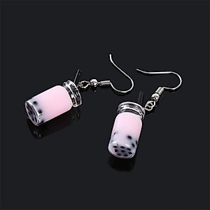 JinYu 6 Pairs Funny Acrylic Water Bottle Pendant Earrings, Cute Pearl Milk Tea Dangle Earrings Colorful Glass Bottle Funny Earrings for Girls Women Unique