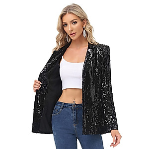 Women Long Sleeve Sequin Blazer Casual Open Front Sparkly Jackets for Party with Pockets Black S