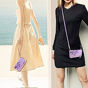 Lacass Compatible with Samsung Galaxy A13 5G /4G LET Crossbody Chain Dual Zipper Detachable Magnetic Leather Wallet Case Cover Wristlets Wrist Strap 13 Card Slots Money Pocket(Floral Purple)