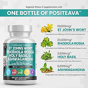 Clean Nutraceuticals St Johns Wort 10000mg Rhodiola Rosea 20000mg Holy Basil 3000mg Ashwagandha 6000mg - Mood Support for Women and Men with Vitamin C & Black Pepper Extract - 90 Caps