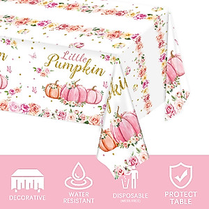 LINHAXM 3 Pack Pink Little Pumpkin Baby Shower Tablecloths - Fall Pumpkin Floral Plastic Table Cover for Baby Girl Shower Gender Reveal Decorations, 54 x 108 Inch