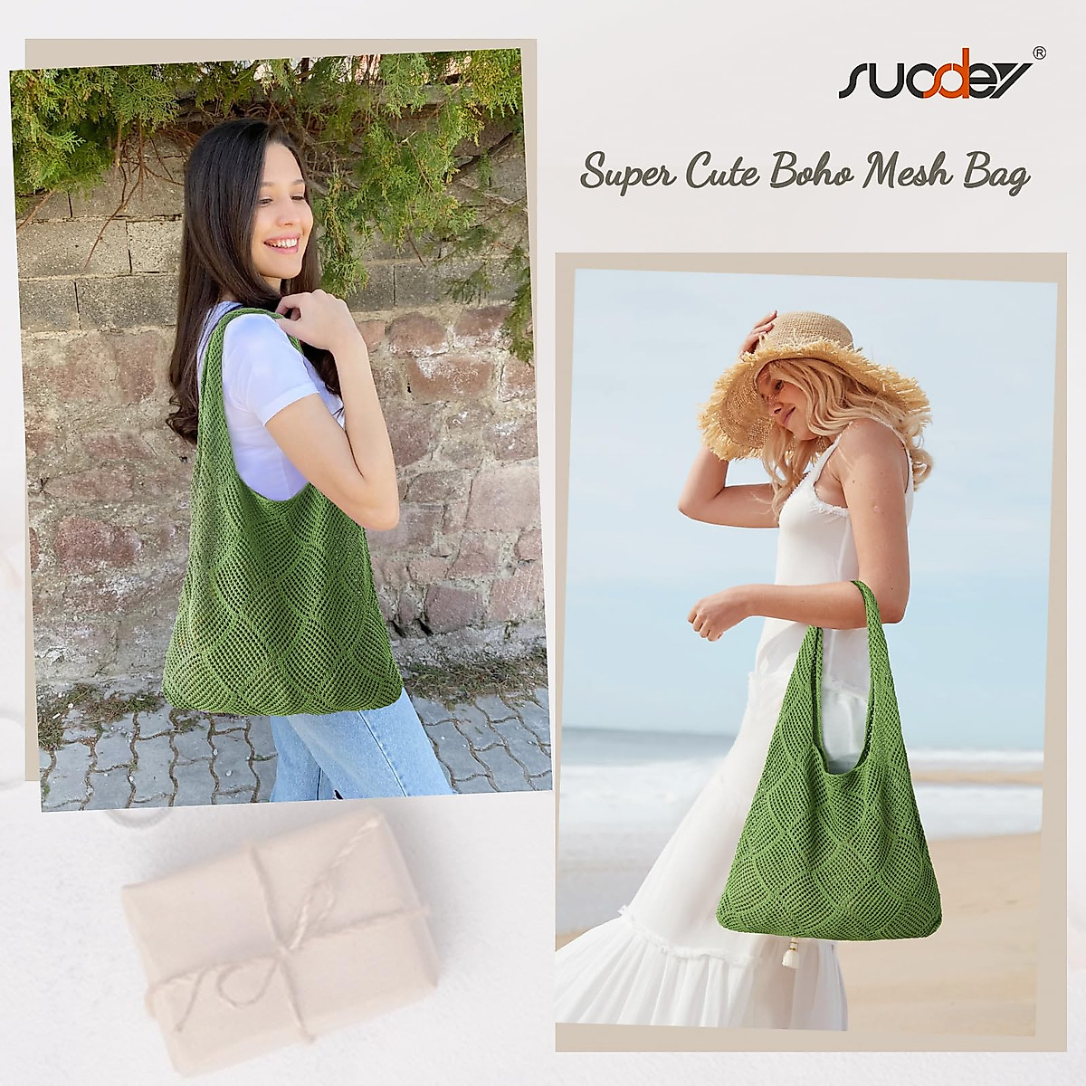 SUOSDEY Crochet Mesh Beach Tote Bag, Cute Summer Aesthetic Knit Bag for Women,green