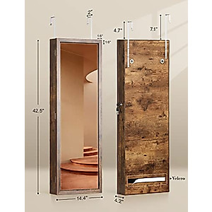Nicetree 6 LEDs Mirror Jewelry Cabinet with 3 Improvements, 4.2" D Door/Wall Mounted Jewelry Armoire with Full Length Mirror, Larger Capacity, Rustic Brown