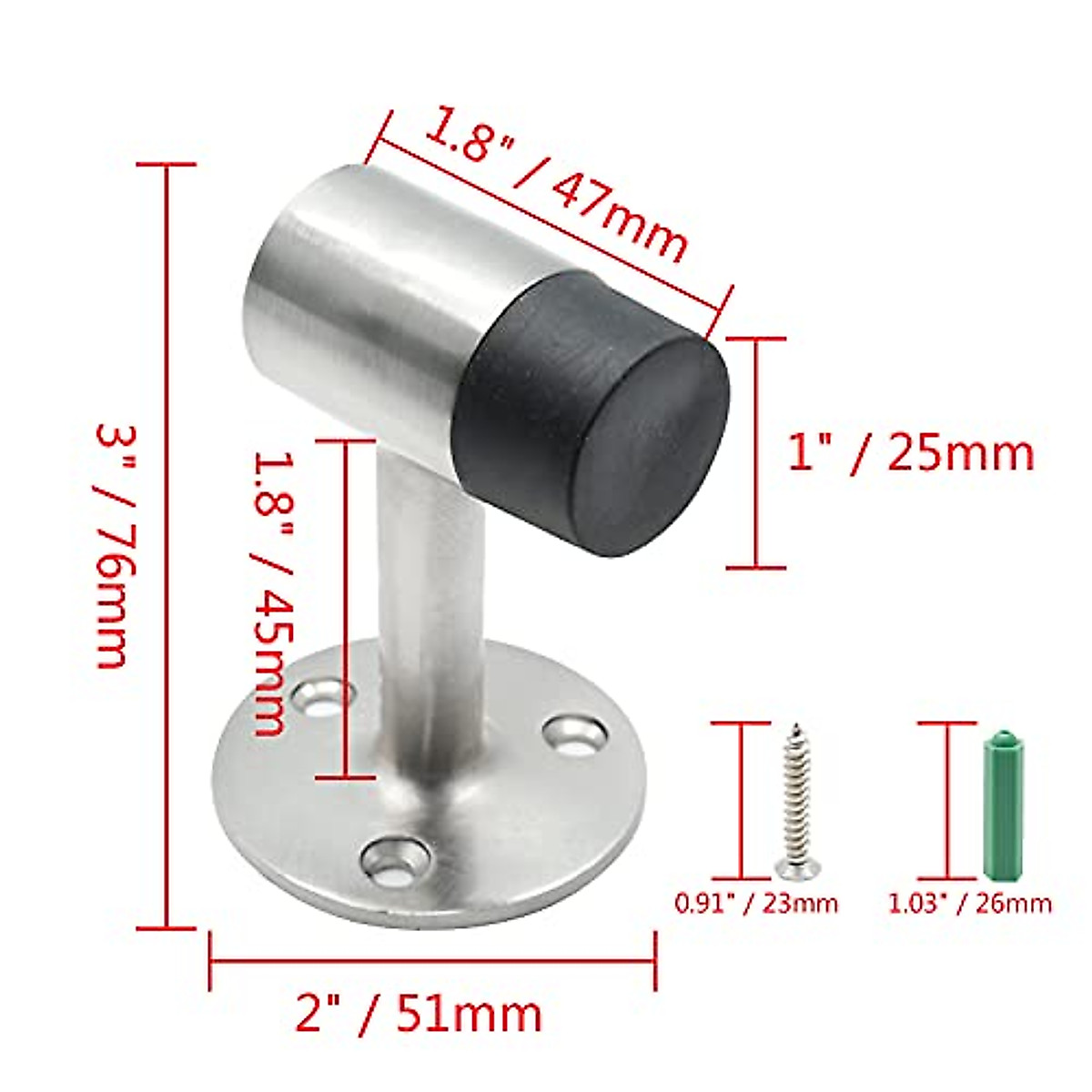 Lanzeuta 3 Inch / 75mm Heavy Duty Floor Stop, Door Stopper with Rubber Head, Stainless Steel Brushed Nickel Door Stop - 1PCS