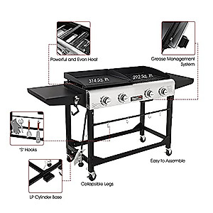 Royal Gourmet GD401 Portable Propane Gas Grill and Griddle Combo with Side Table | 4-Burner, Folding Legs,Versatile, Outdoor | Black