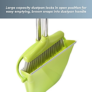 Easy Gleam Broom and Dustpan Set - Heavy-Duty Combo Set for Home Cleaning - Stand-Up Long Dustpan and Brush with Built-in Scraper, Teeth, Clip-On Storage - Cleaning Supplies for Kitchen, Lobby Room