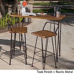 Christopher Knight Home Denali Outdoor Industrial Acacia Wood Bar Set with Finished Iron Frame, Teak Finish / Rustic Metal