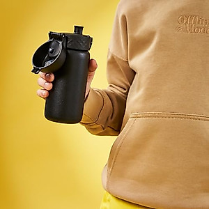 Ion8 Kids Water Bottle, Steel 400 ml/13 oz, Leak Proof, Easy to Open, Secure Lock, Dishwasher Safe, Hygienic Flip Cover, Carry Handle, Easy Clean, Durable, Scratch Resistant, Carbon Neutral, Black