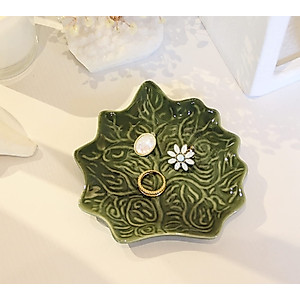 LZBALUYO Jewelry Dish Trinket Tray for Women, Ring Dish Holder, Unique Leaf Shape Ceramic Plate Cute Things Vanity Aesthetic Room Decor Mother's Day Birthday Christmas Warm House Gifts (Green)