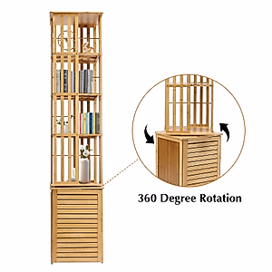 SHOUMANUAL Bamboo Rotating Bookshelf, 6-Tier Bookcase with Storage Cabinet & Doors, 360° Revolving Narrow Storage Display Rack Standing Shelves for Living Room Study Room Office, Natural