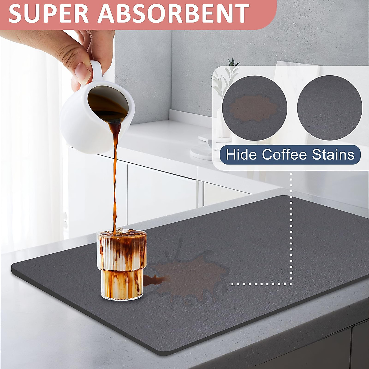 WEKEY Coffee Mat Hide Stain,Drying Mat for Kitchen Counter,Coffee Maker Mat for Countertops, Absorbent Coffee Bar Mat for Kitchen Counter,Coffee Bar Accessories Under Appliance Mats (Gray, 12*20 IN)