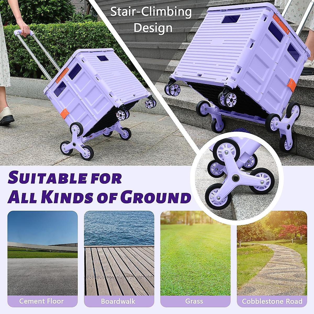 Foldable Utility Cart Collapsible Portable Crate Rolling Carts with Stair Climbing Wheels Tote Basket with Magnetic Lid Telescopic Cover Wear-Resistant 360°Rotate Wheel Noiseless for Shopping Office