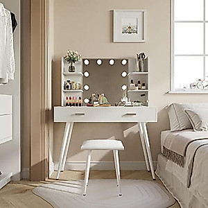 Furnideco Vanity Set with 10 Light Bulbs, Makeup Table with Cushioned Stool, 6 Storage Shelves 2 Drawers, Vanity Set 3 Lighting Modes Brightness Adjustable for Bedroom Studio