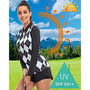 Soneven Women's Long Sleeve Golf Polo Shirts Moisture Wicking Quick Dry Half-Zip Pullover Athletic Workout Striped Tops (1-Black Argyle, X-Large)