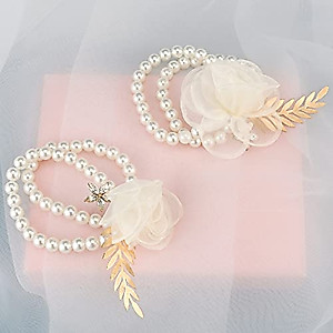 CIEHER 2 Pieces Pearl Wrist Corsage Elastic Bands Wristlets Flower Corsage Wristlet Stretch Pearl Wedding Wristband Faux Pearl Bead Corsage Accessories Bracelets for Wedding Party Prom Bride Bridesmaid Handmade Flower Rhinestones Wrist Corsage