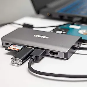UNITEK Hub USB-C with Power Delivery, HDMI v.1.4 4K@30Hz, Ethernet/Internet Connection, 2 x USB 3.0, USB C with PD 100 W, 20 V/5 A, SD Card Reader, 3.5 mm Audio Connection, Aluminium, Grey
