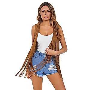 Verdusa Women's Tassel Sleeveless Vest 70s Hippie Faux Suede Fringe Jacket Cardigan Brown L