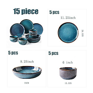 GagalU 15-Piece Stoneware Dinnerware Set, Blue Porcelain Dinnerware Sets, Ceramic Plates and Bowls Dinner Sets, Modern Creativity Reactive Glaze Stoneware Dishes Set