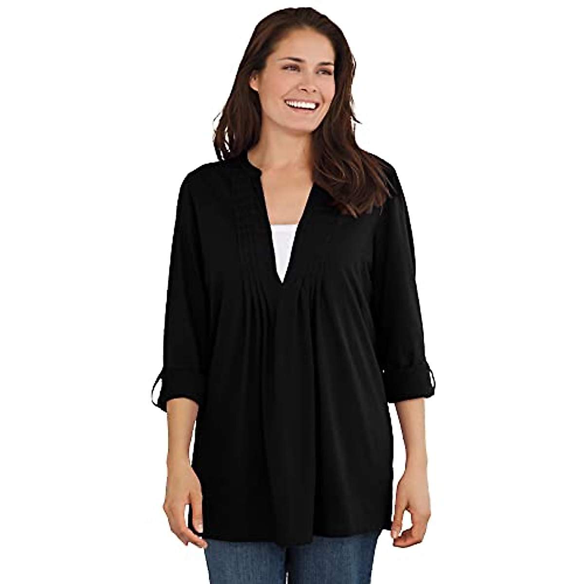 Woman Within Women's Plus Size 7-Day Box-Stitched Split Neck Tunic - 22/24, Black