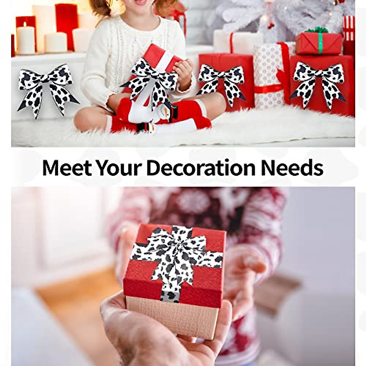 3 Rolls Wired Cow Grosgrain Ribbon, 15 Yards Wired Cow Print Ribbon Black and White Ribbon Animal Print Ribbon, Cow Spot Pattern Ribbon, Animal Print Ribbon for Wreath Bow DIY Crafts Party Decoration