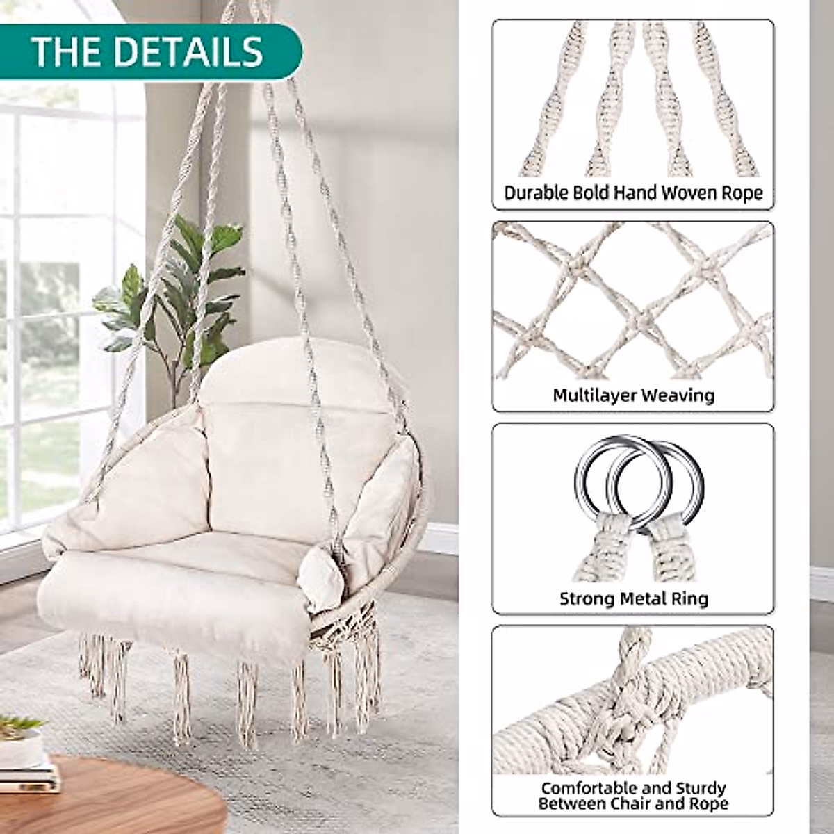 PUREKEA Hammock Chair, Macrame Hanging Swing Chair with Large Padded Cushion and Hardware Kits, Max 330 Lbs, Hanging Cotton Rope Chair for Indoor, Outdoor, Bedroom, Patio, Porch, Garden (Beige)