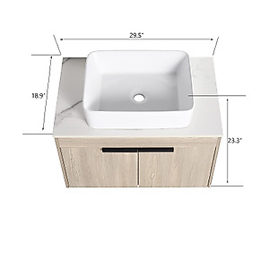 JIBIO 30" Floating Bathroom Vanity, White Flat Stone Countertop Ceramic Sink for Contemporary Bath with 2 Soft-Closing Doors and Ceramic Basin Sink Space-Saving Wall-Mounted Design