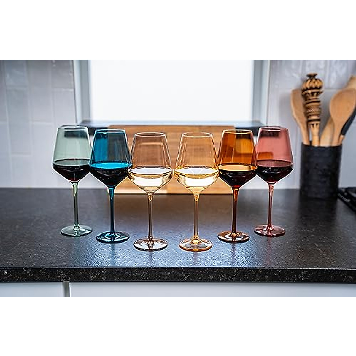 FyneDyne Boho Jewel-Toned Wine Glasses, Stained Cocktail Cups, Drinkware Bar Set for Rack, Set of 6 Stemmed Unique Drinking Glasses 16oz