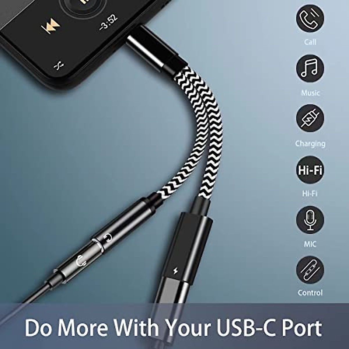 HLDInie USB c to 3.5 Headphone and Charger Adapter Type c Splitter 2-in-1 Aux Audio Jack high Resolution DAC and Fast Charging dongle Cable(Black)