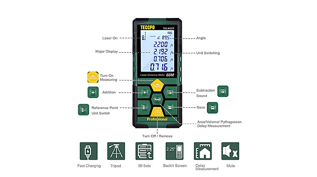 TECCPO 196ft Laser Measure - Rechargeable & Accurate Tool