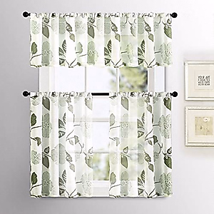 MRTREES Sheer Printed Valance Curtains for Kitchen Windows, Small Modern Rod Pocket Voile Valance Window Treatment for Bathroom Basement(1 Pack, 54" W x 16" L, White with Olive Green Floral Pattern)