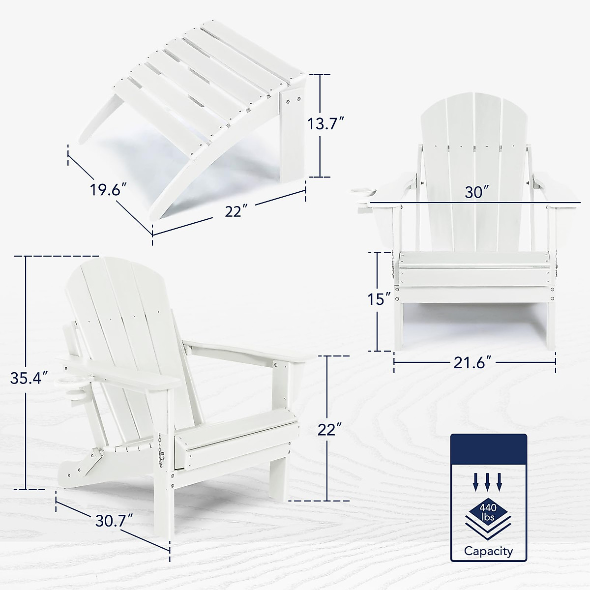 ABCPATIO Folding Adirondack Chair with Footrest - Outdoor Weather Resistant Plastic Adirondack Chairs with Detachable Ottoman, Stackable Seating with Cup Holder for Patio (Seat Width 21.6",White)