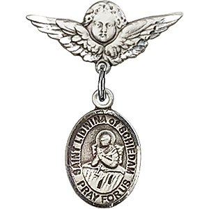 Sterling Silver Baby Badge with St. Lidwina of Schiedam Charm and Angel w/Wings Badge Pin 7/8 X 3/4 inches