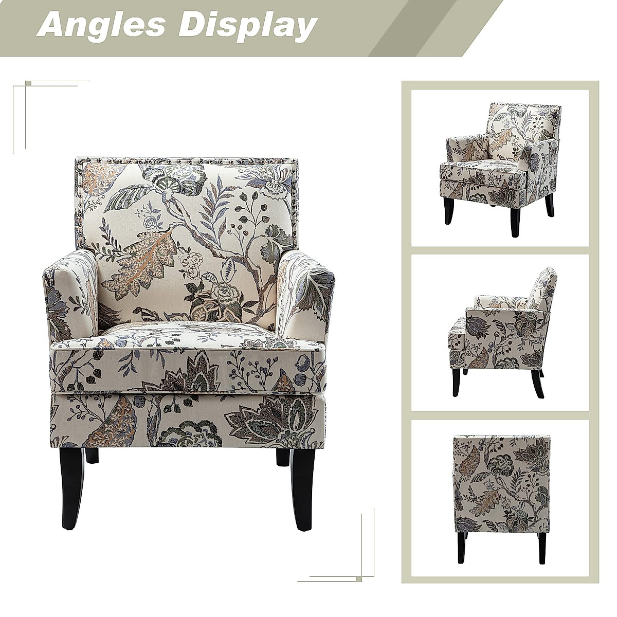 HULALA HOME Modern Accent Chair with Arms and Wooden Legs, Floral Patterned Accent Chair Armchair High Back Rest, Padded Armrest and Comfortable Cushioned Seat for Living Room (Orange Grey Floral)