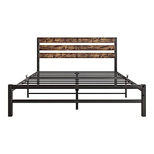 HAHRIR Platform Queen Bed Frame with Rustic Vintage Wood Headboard and Footboard, Mattress Foundation, Strong Metal Slats Support, Noise-Free，No Box Spring Needed，Brown+Black