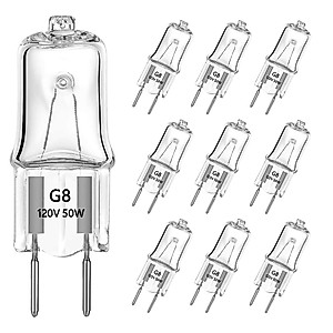 AHEVO G8 Light Bulbs 50W 120V Halogen Light Bulb G8 Base Bi-Pin 50W T4 JCD Warm White Under Cabinet Puck Lighting Replacements,10Pack