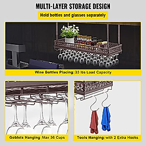 VEVOR Ceiling Wine Glass Rack, 35.8 x 13 inch Hanging Wine Glass Rack, 18.9-35.8 inch Height Adjustable Hanging Wine Rack Cabinet, Coppery Wall-Mounted Wine Glass Rack Perfect for Bar Cafe Kitchen