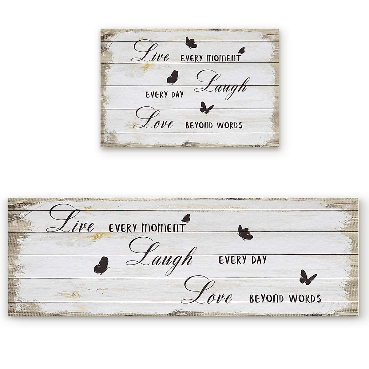 Kitchen Mat Set 2 Piece Kitchen Rugs, Black Positive Energy Live - Laugh - Love Butterflies Soft Rubber Backing Mats Bathroom Runner Area Rugs, 19.7x31.5in + 19.7x47.2in Vintage Wooden Stripes Grain