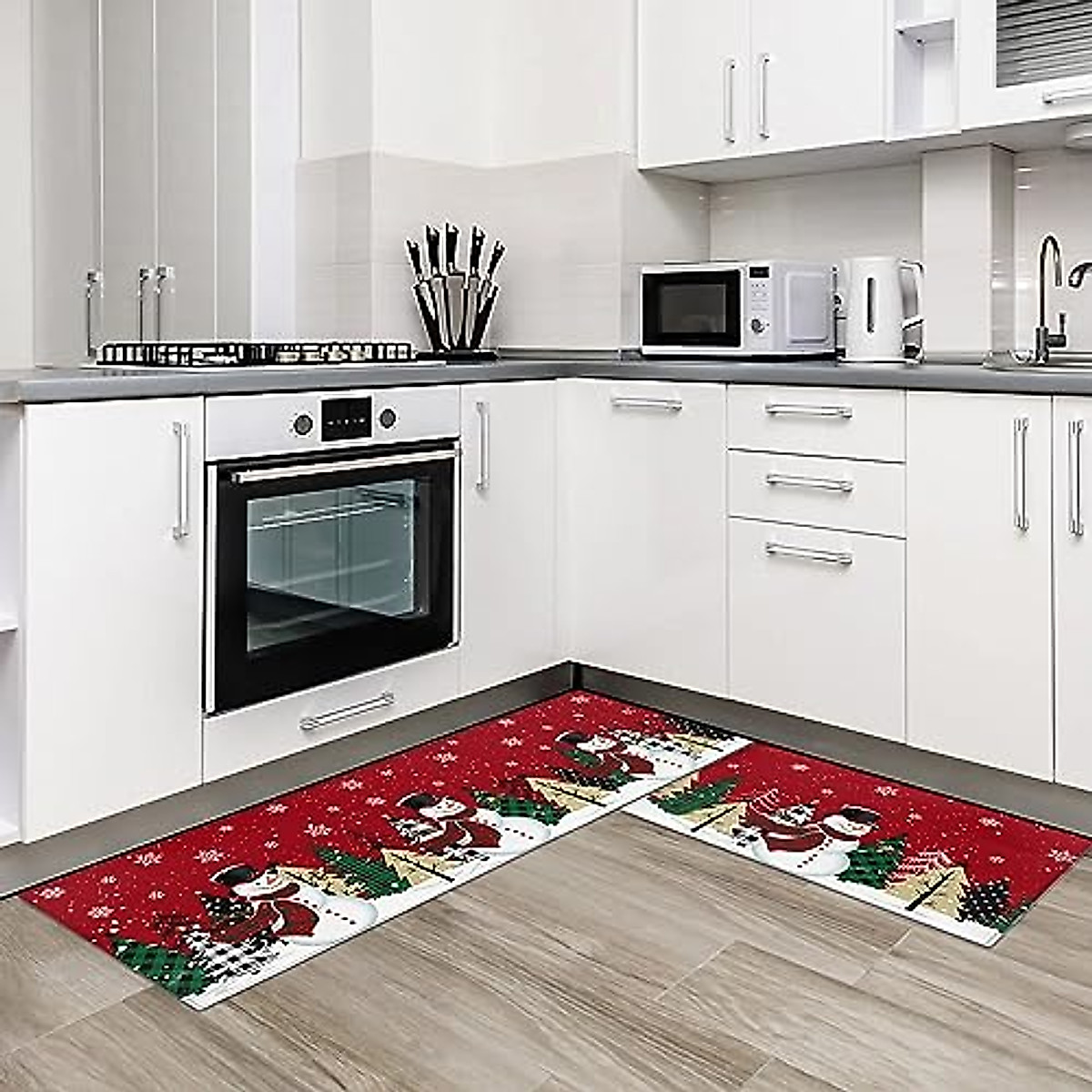 Miaklek Christmas Kitchen Rugs Set of 2 Anti Fatigue Mats for Kitchen Floor Cushioned Kitchen Rugs and Mats Non Slip Kitchen Runner Comfort Standing Mat, Cute Snowman Xmas Tree Winter Snowflake Red