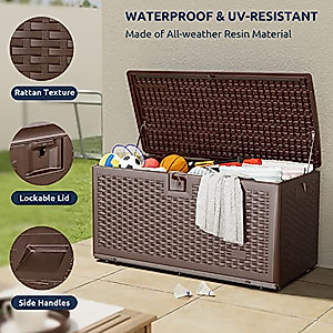 UDPATIO Deck Box Resin 73 Gallon, Outdoor Storage Box w/ Bottom Bracket and Padlock, Waterproof for Pool Supplies, Toys, Garden Tools, Cushions and Patio Furniture, Weather and UV Resistant Porch Bin, Brown