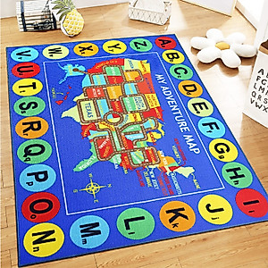 Capslpad Kids Rug USA Map Kids Play Rug 6'6"x 5' Large Size ABC Alphabet Educational Learning Classroom Area Rug Non Skid City Road Car Rug Play Mat for Children Bedroom Playroom Nursery Room