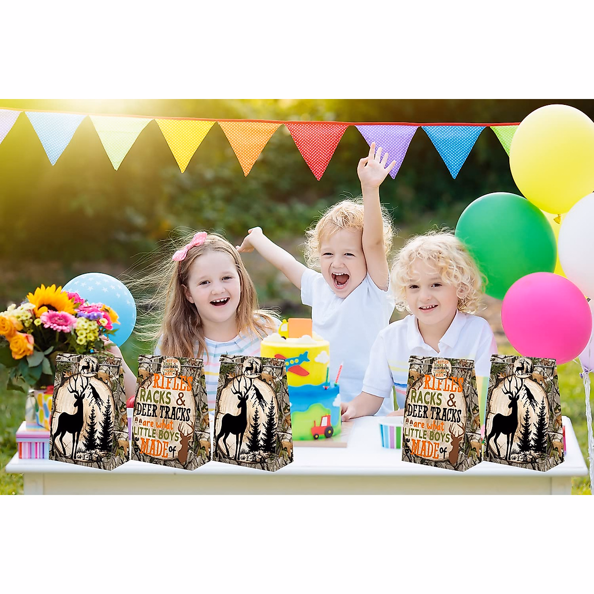XGELUL Deer Hunting Party Favors Candy Bags with Stickers - Camo Goodie Gift Treat Bags - Deer Hunting Themed Birthday Party Supplies