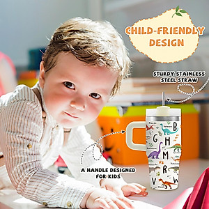 Dinosaur Gift for Kids, Alphabet Dinosaur Tumbler with Handle and Straw for Kids 14 Oz, Insulated Stainless Steel Dino Mugs for Toddlers Boy, Birthday Gifts for Little Boys Son Grandson